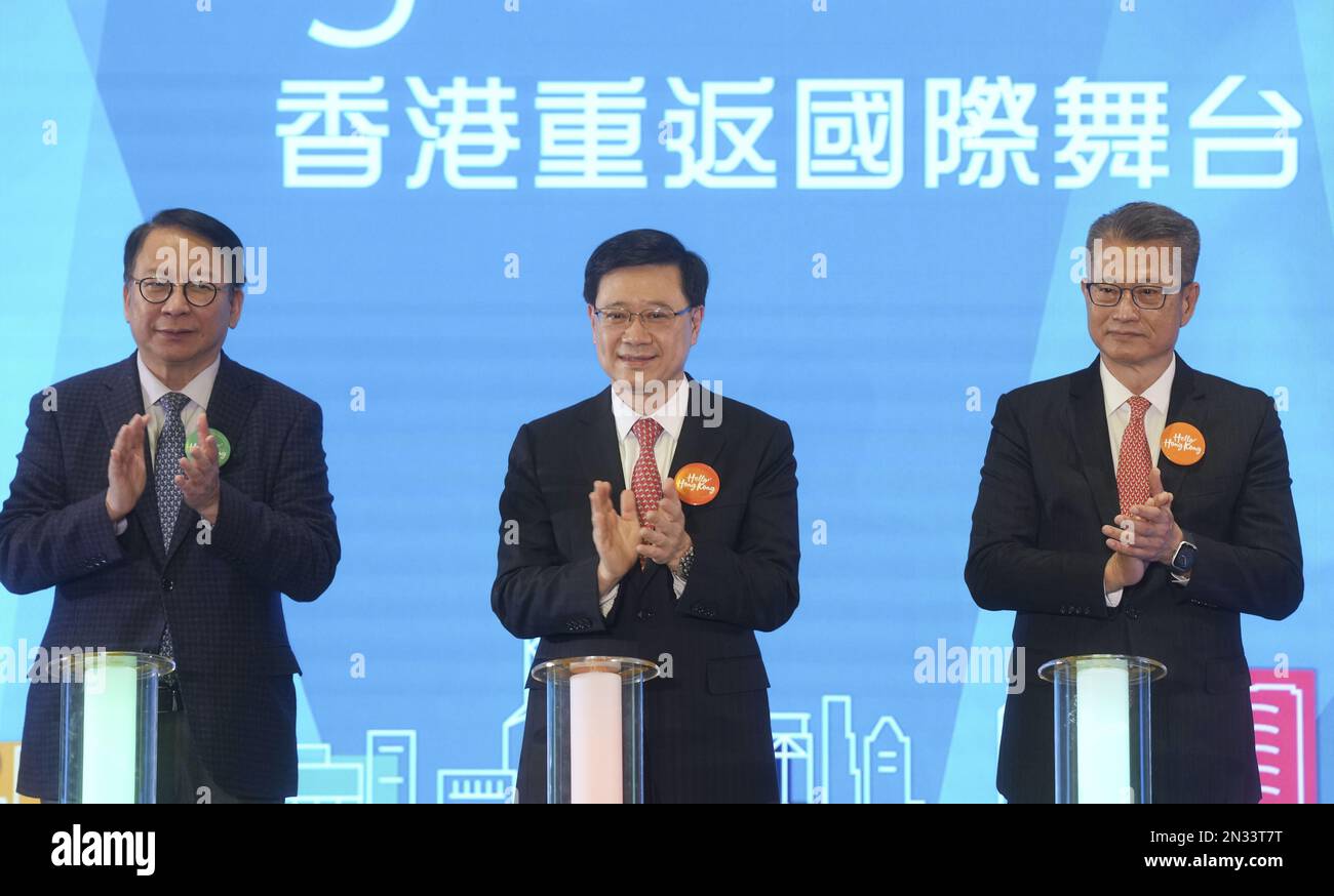 Chief Secretary Eric Chan Kwok-ki, Chief Executive John Lee Ka-chiu and ...