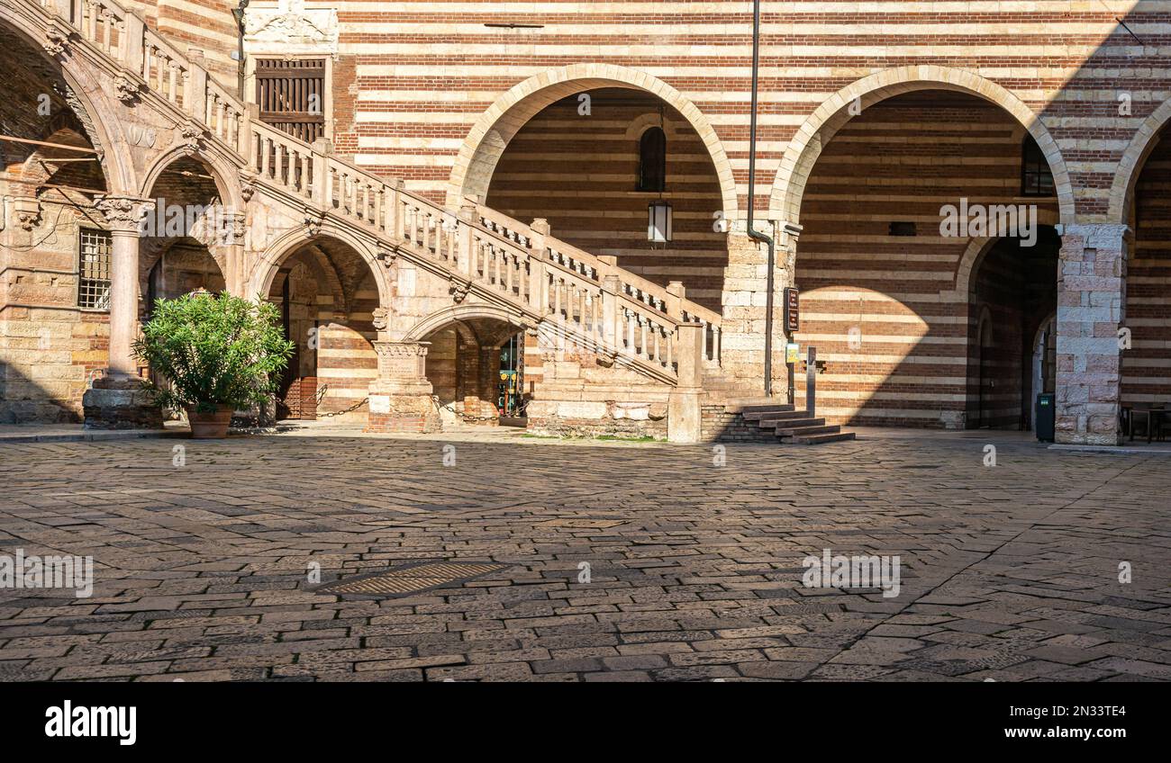 Gothic staircase of Palace of Reason (Palazzo della Ragione), historic ...