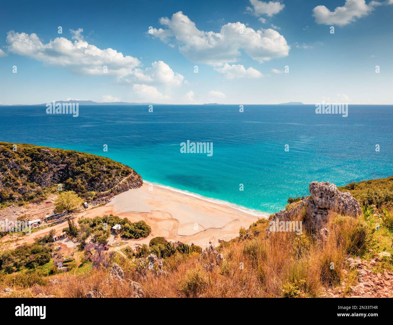 Colorful spring view of Gjipe Beach. Aerial morning scene of Albania ...