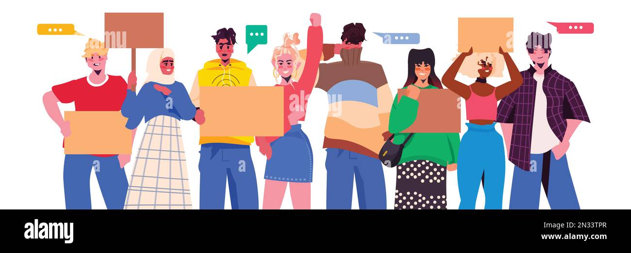 mix race people protesters with blank placards standing together ...