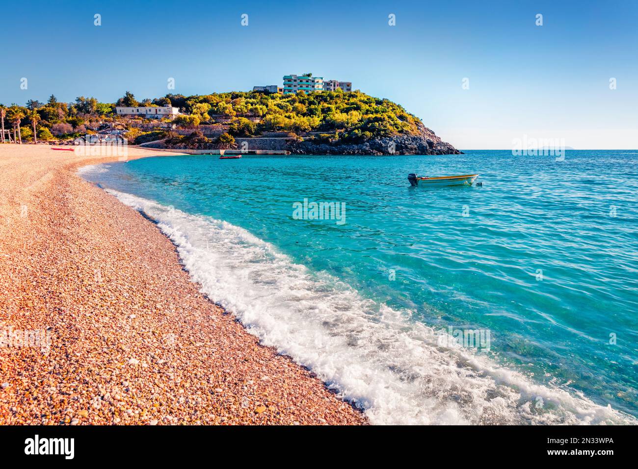 Splendid spring view of empty Jale Baech. Charming morning scene of ...