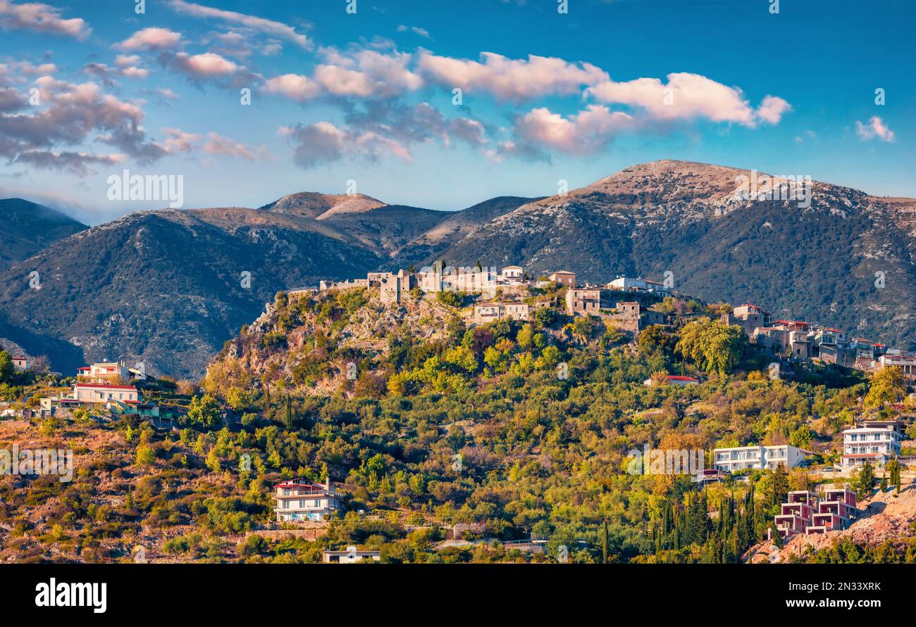 Colorful spring view of Castle of Himara, Vlore. Sunny morning scene of ...