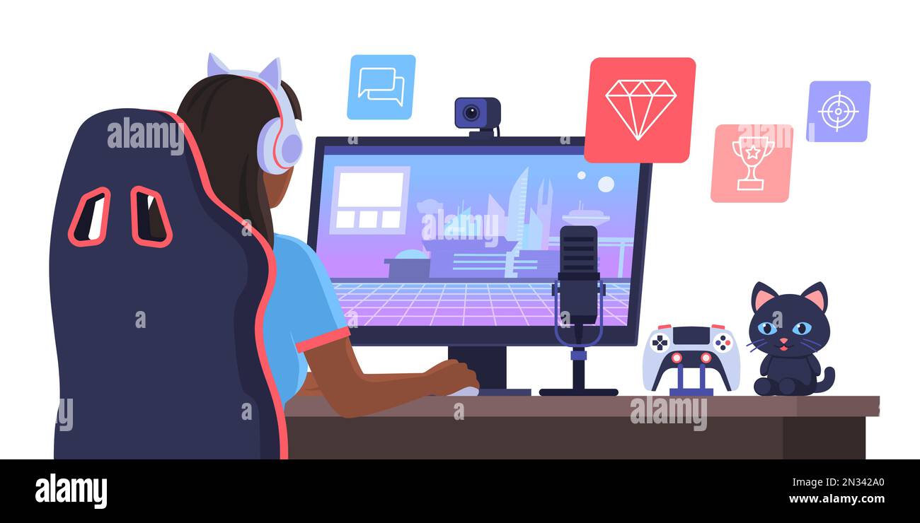 Professional cute gamer girl playing video games online: video games ...