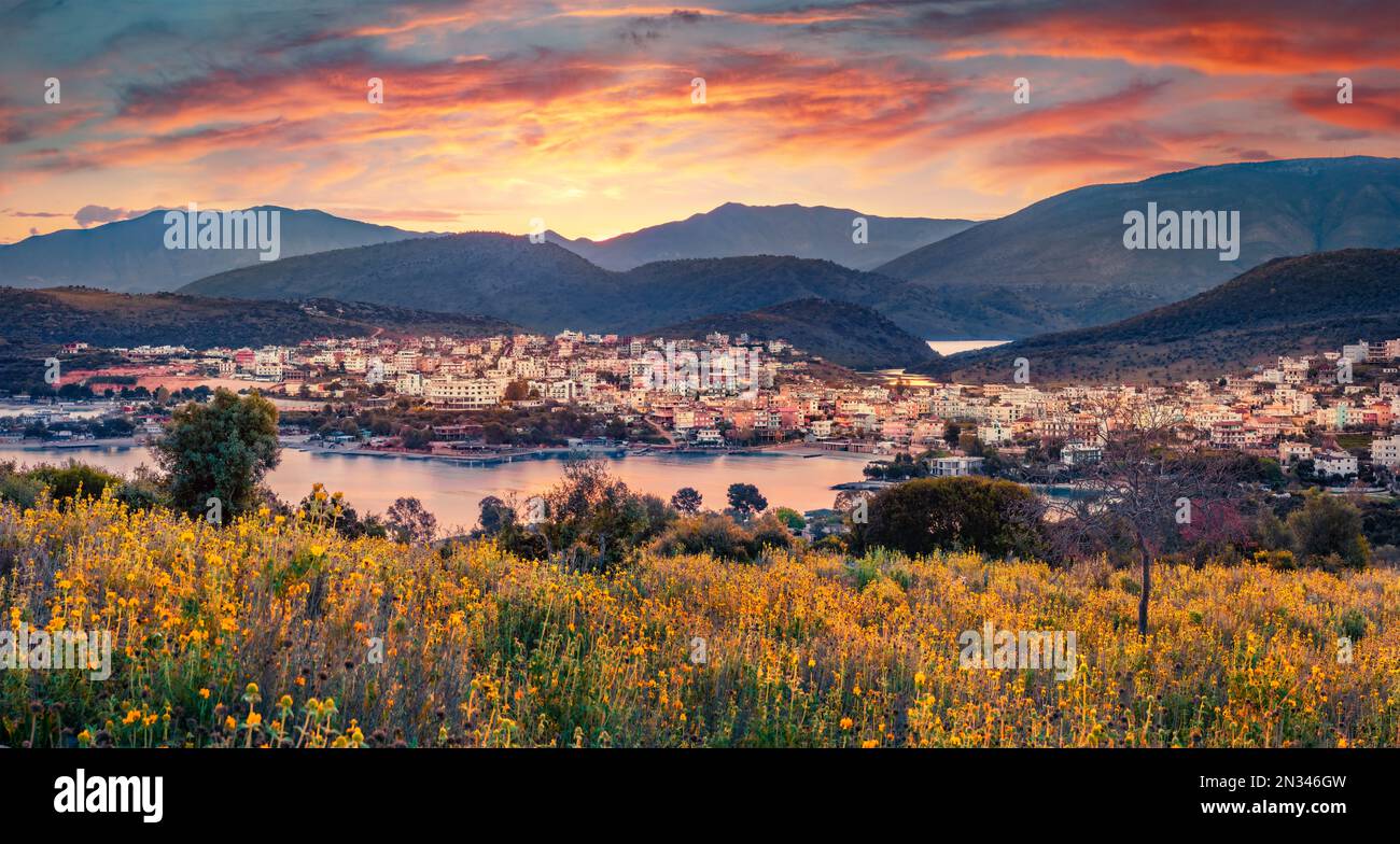 Unbelievable spring sunrise in Ksamil town. Wonderful morning seascape ...