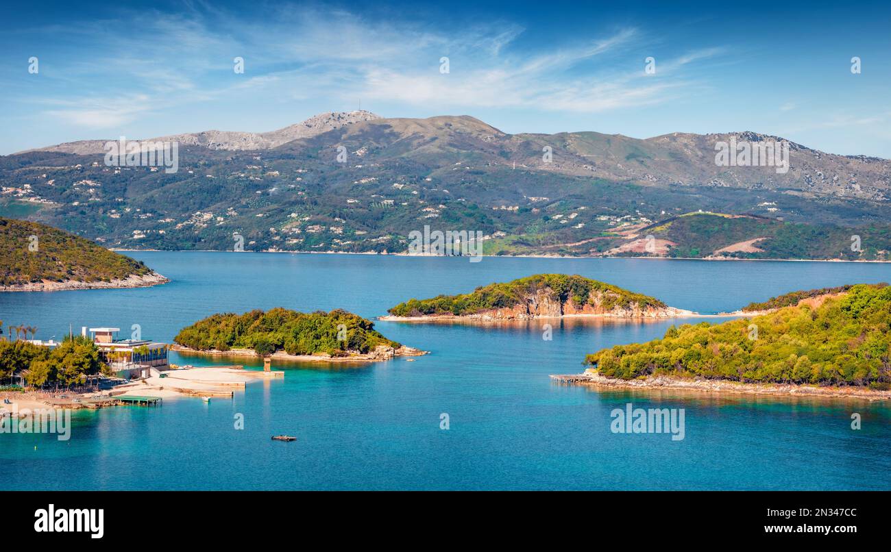 Aerial seascape of Ionian sea with Corfu island on background. Colorful ...