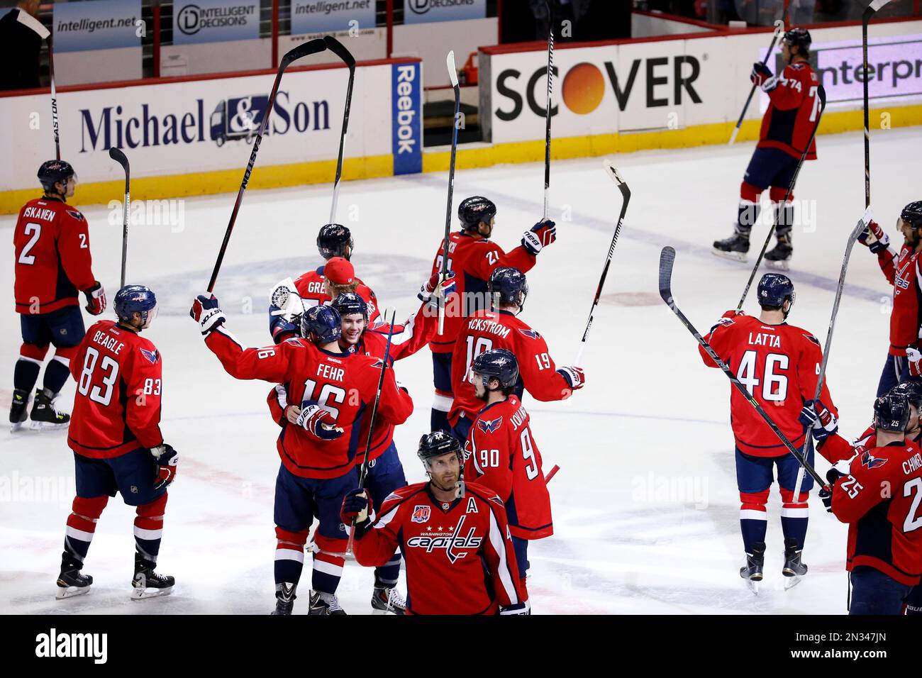 The Washington Capitals salute the fans in celebration after an NHL ...