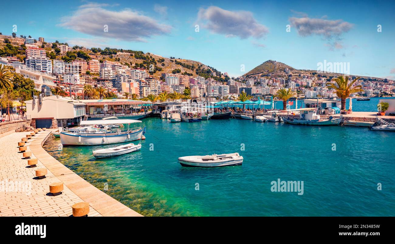 Perfect spring cityscape of Saranda port. Picturesque Ioninian seascape ...