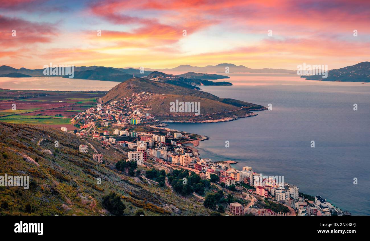 Fantastic sunrise in Saranda. Aerial spring seascape of Ionian sea ...