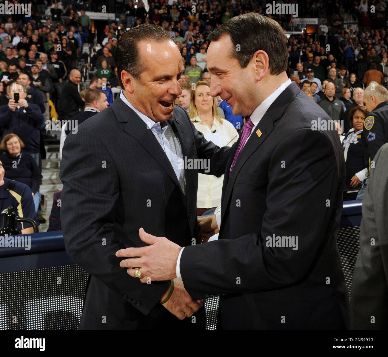 Notre Dame Mike Brey, left, and Duke coach Mike Krzyzewski chat prior ...