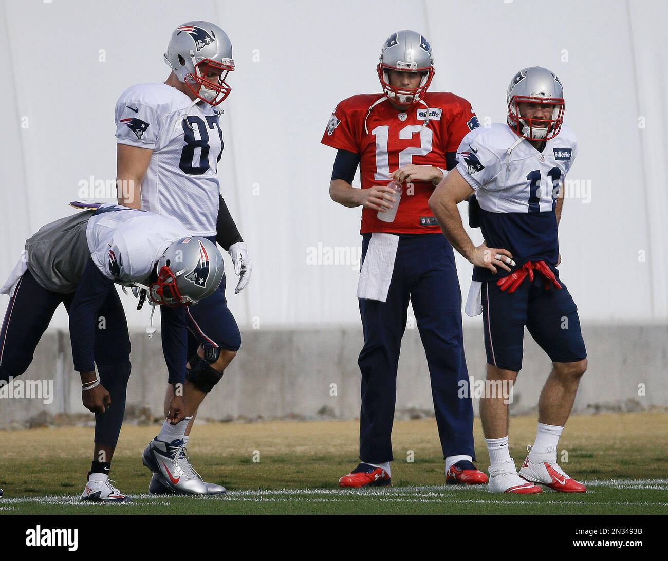 New England Patriots tight end Rob Gronkowski (87), quarterback Tom Brady (12) and wide receiver ...