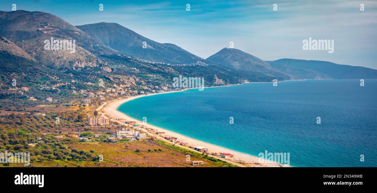 Aerial morning view of Borshit beach. Qazim Pali cityscape. Colorful ...