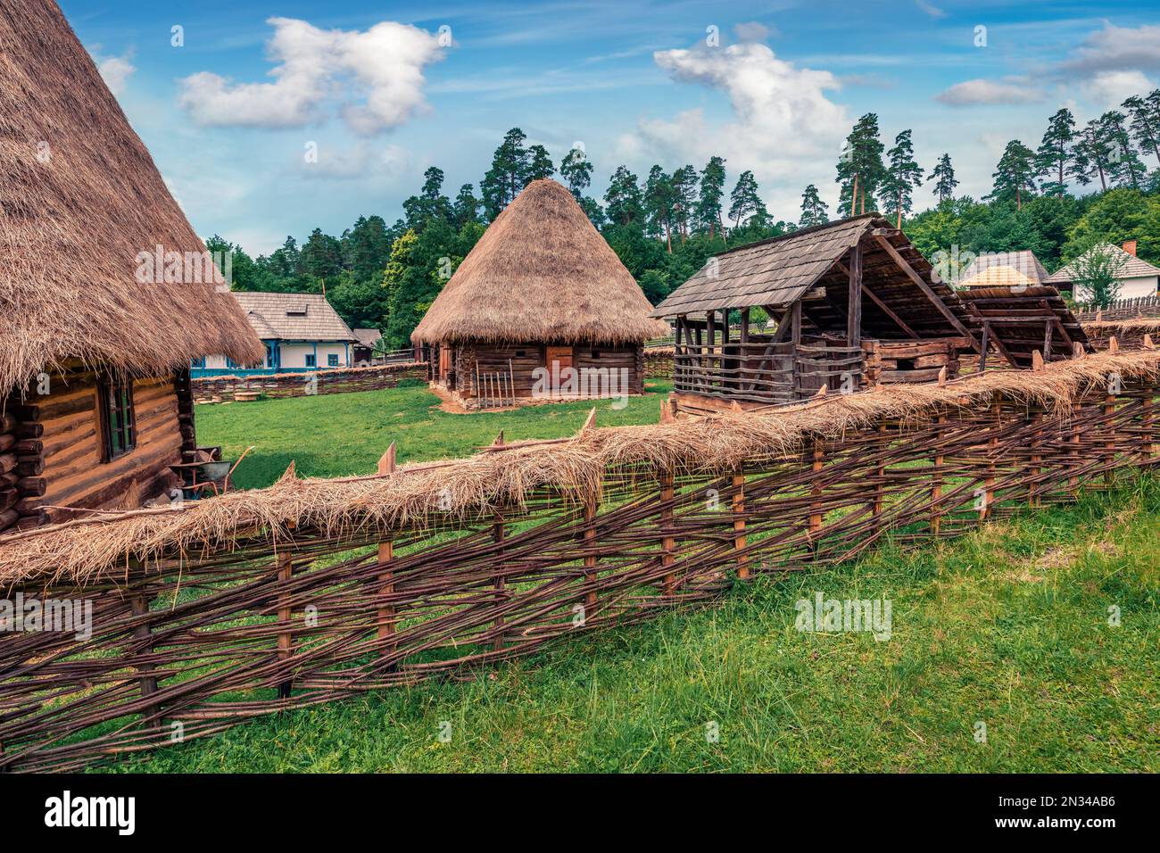 Exotic summer view of traditional romanian peasant houses. Captivating ...