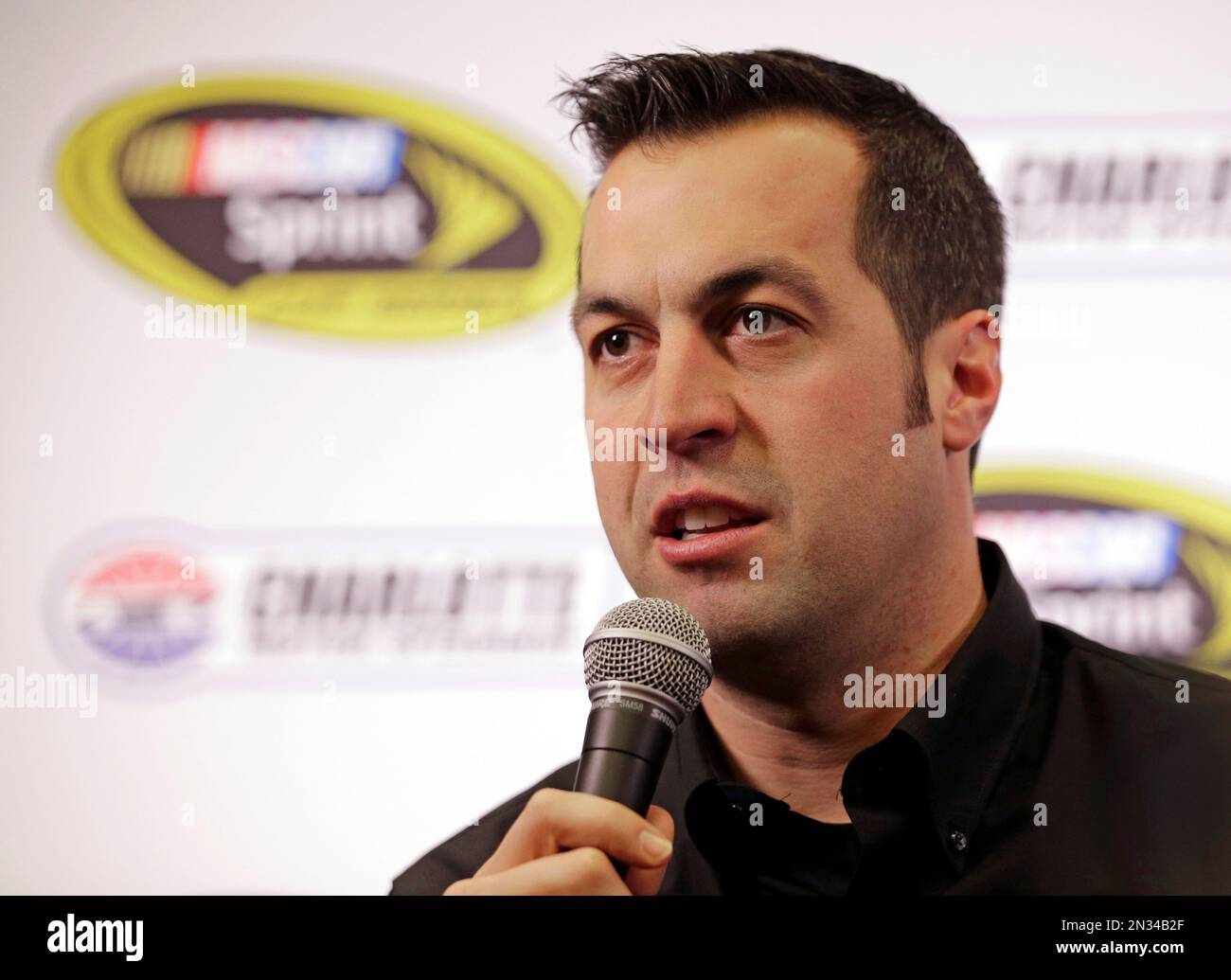 Sam Hornish Jr. speaks to the media during the NASCAR Charlotte Motor ...