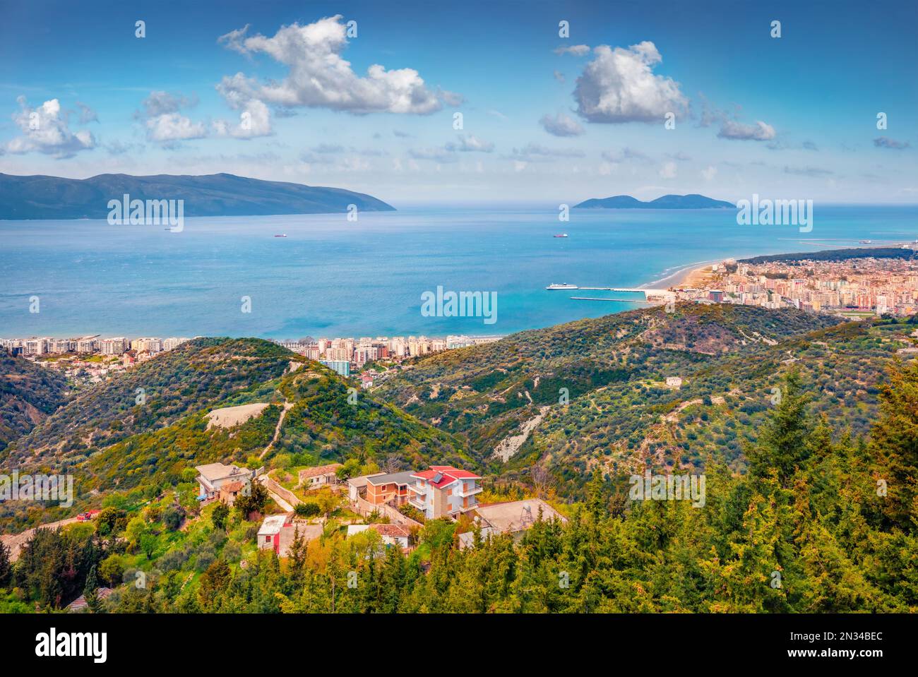 Aerial spring cityscape of Vlore city from Kanines fortress. Impressive ...