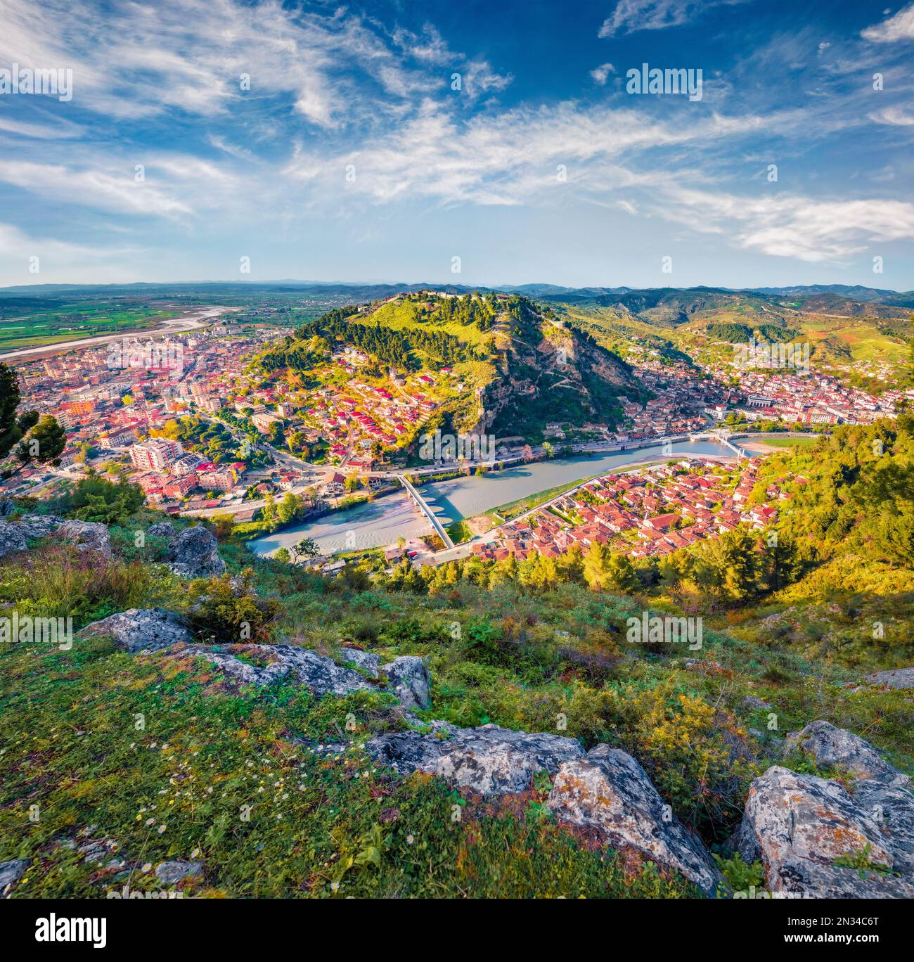 Aerial spring cityscape of Berat town, located on the Osum River ...
