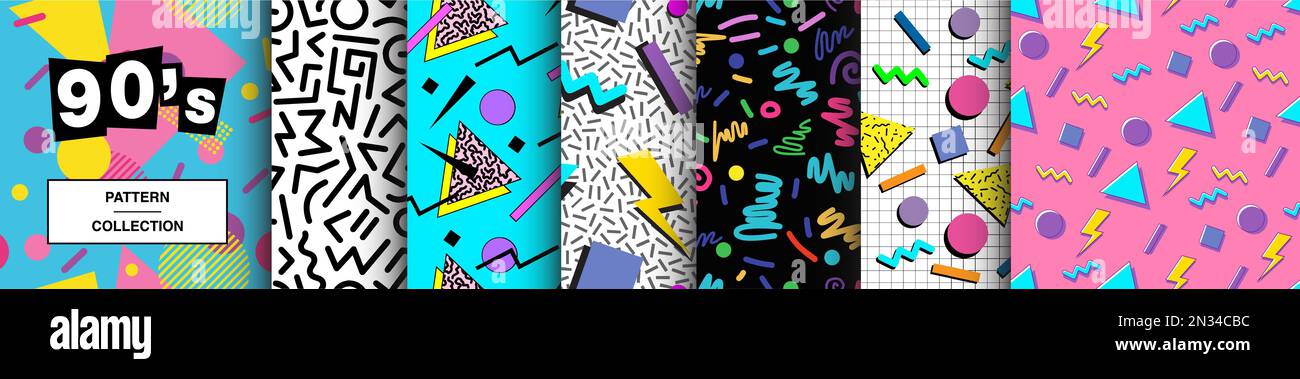 90's Seamless Pattern Collection. Set of vivid, trendy, retro style ...