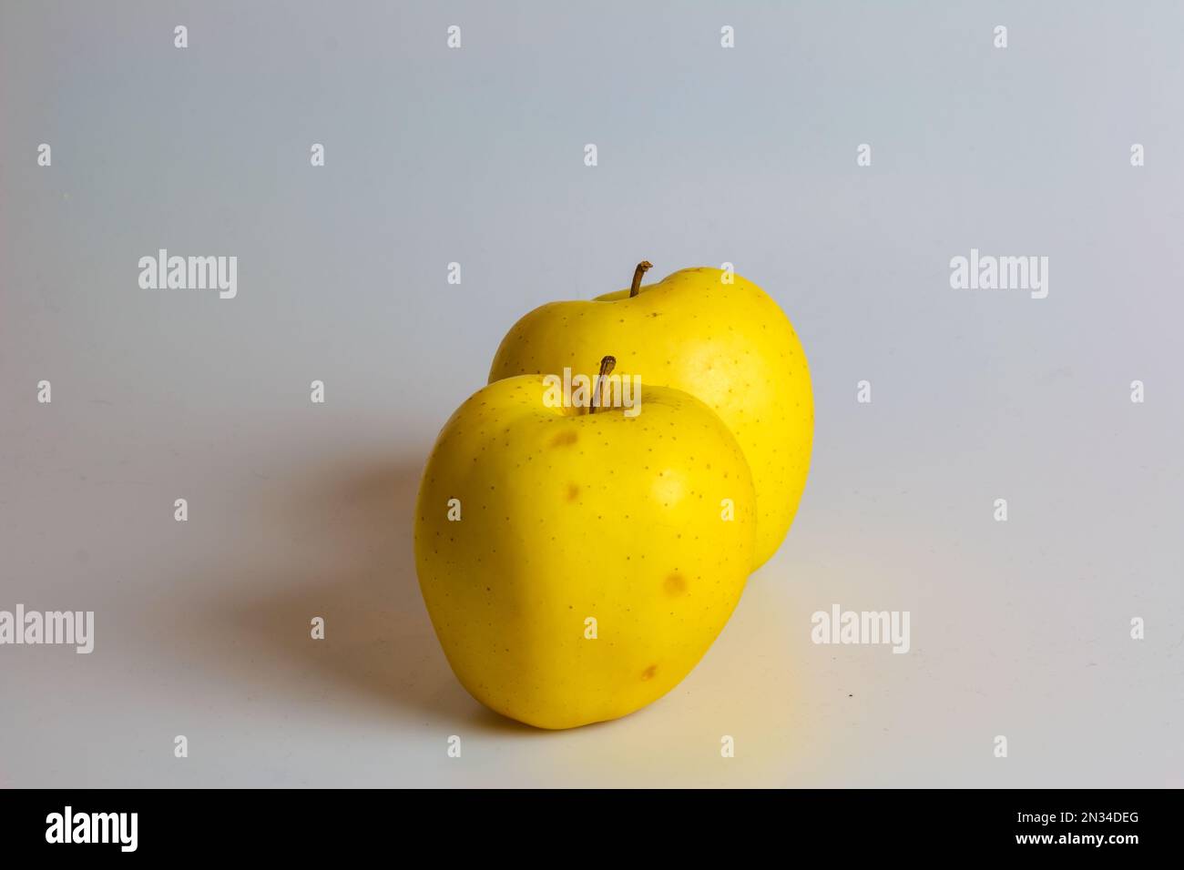 Yellow apples of the Golden Delicious variety on a white background ...