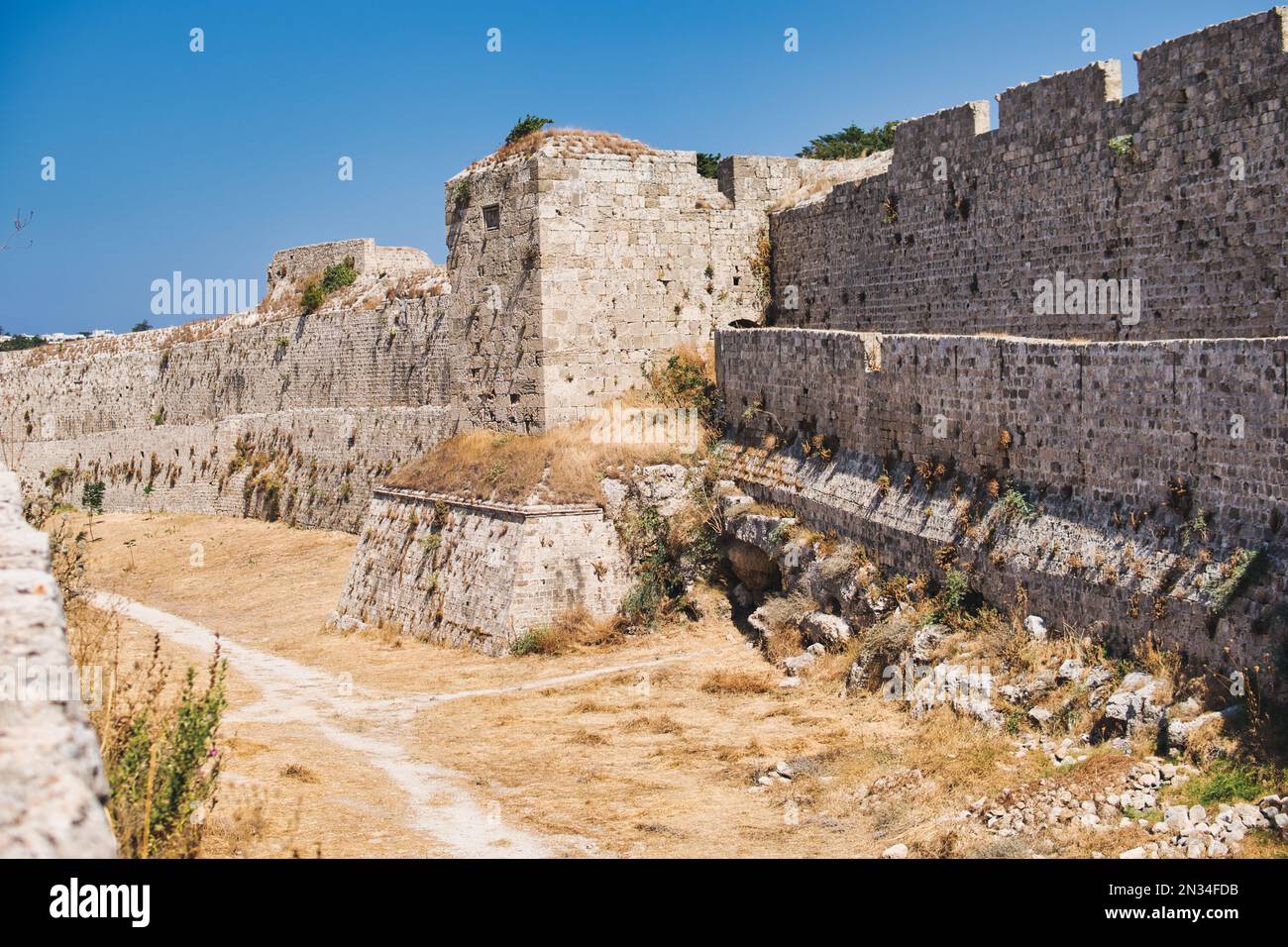 Walls and fortifications of the medieval citadel of Rhodes in Greece ...