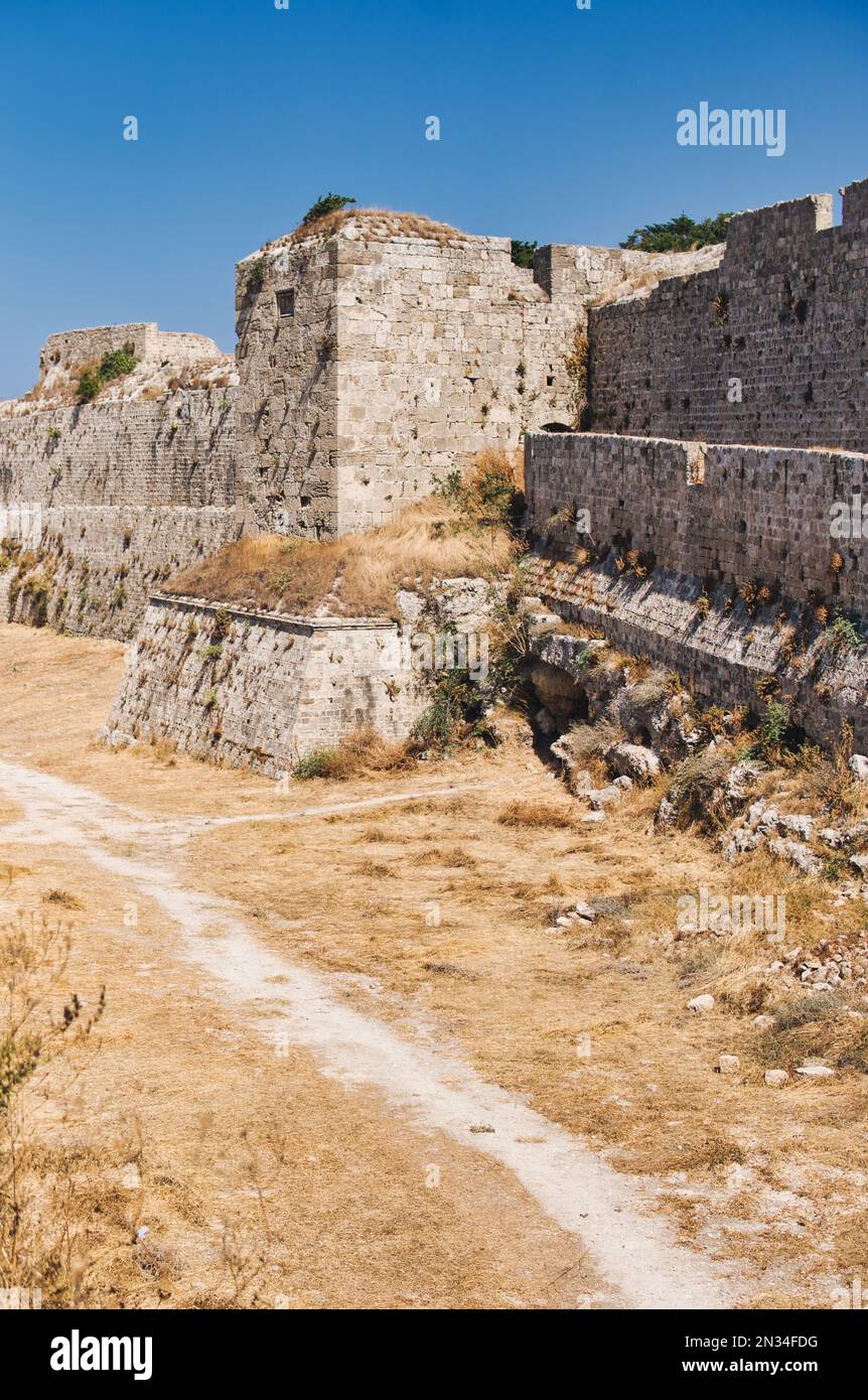 Walls and fortifications of the medieval citadel of Rhodes in Greece ...
