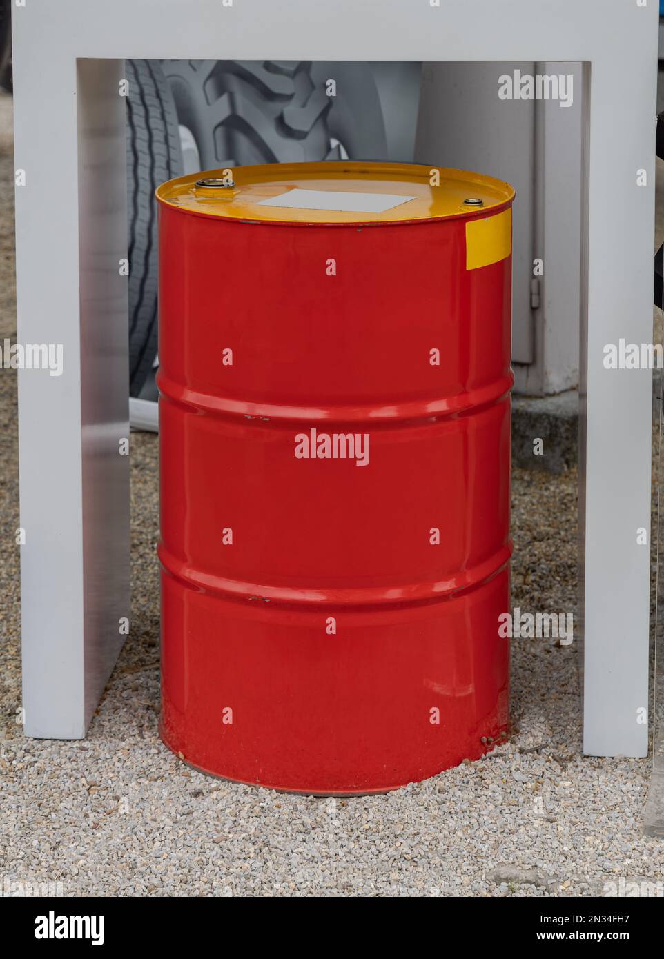 One Big Red Oil Barrel Steel Metal Drum Under Cover Stock Photo - Alamy