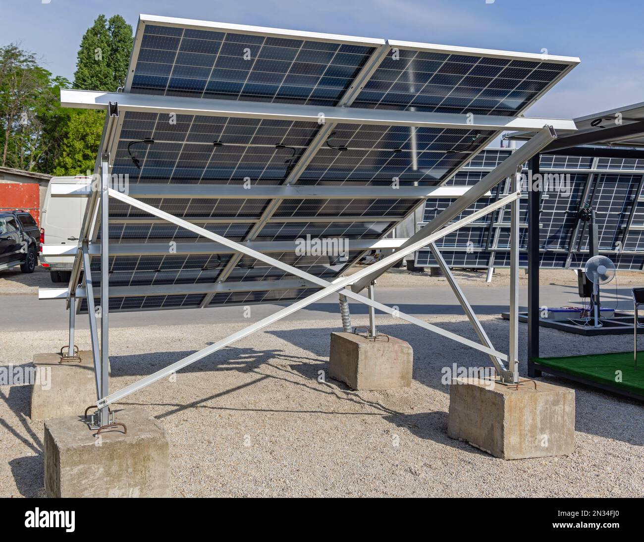 Solar Panels Array Unit Electric Power With Concrete Legs Support Stock ...