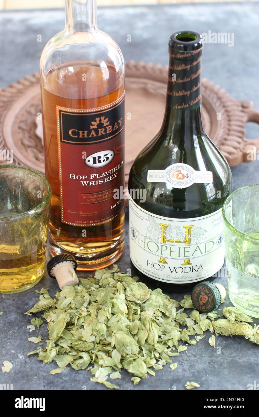 This Jan. 26, 2015 photo shows Charbay Hop Flavored Whiskey and Hophead ...