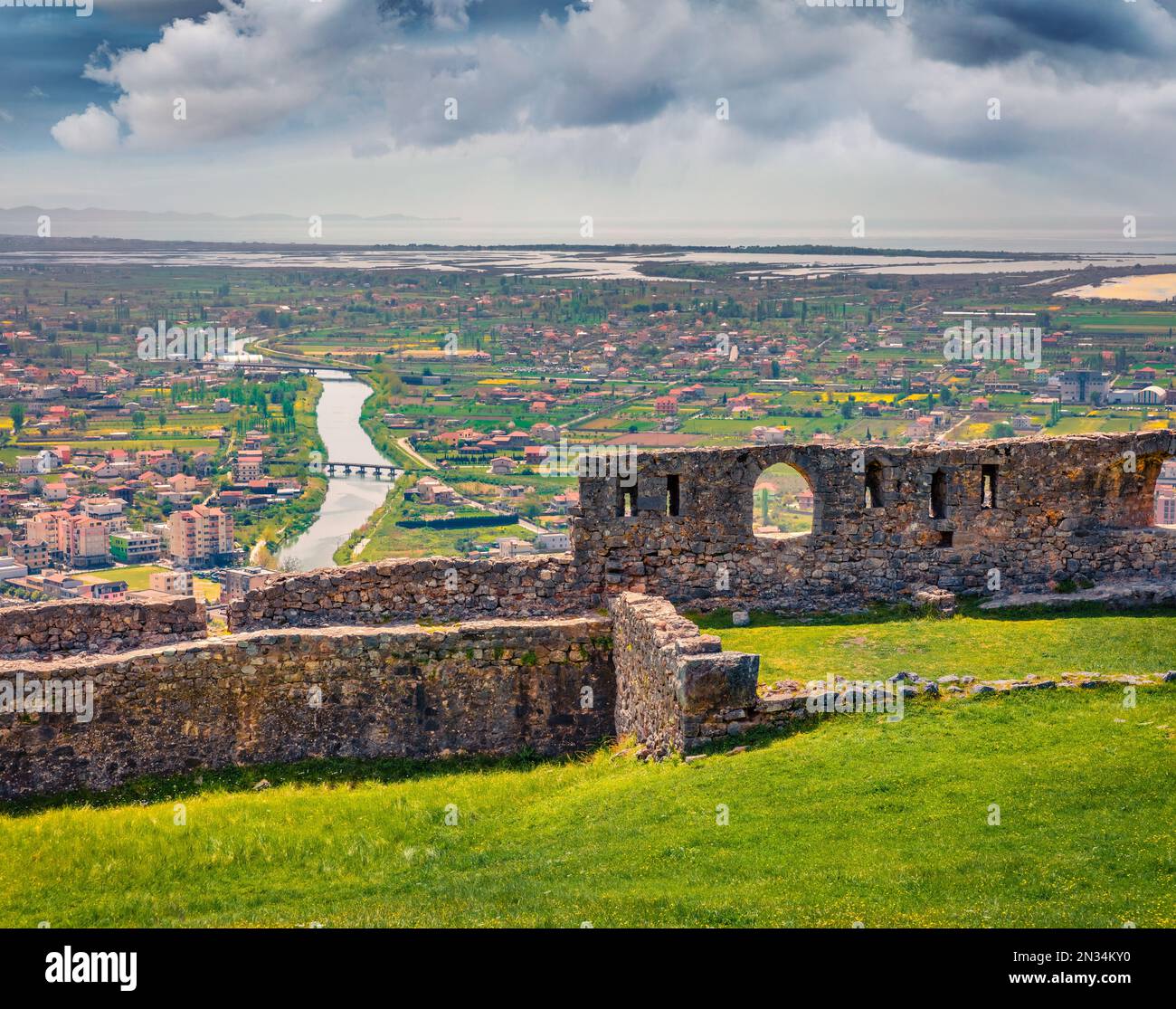 Splendid spring view of ruins of Lezhe Fortress. Sunny morning ...