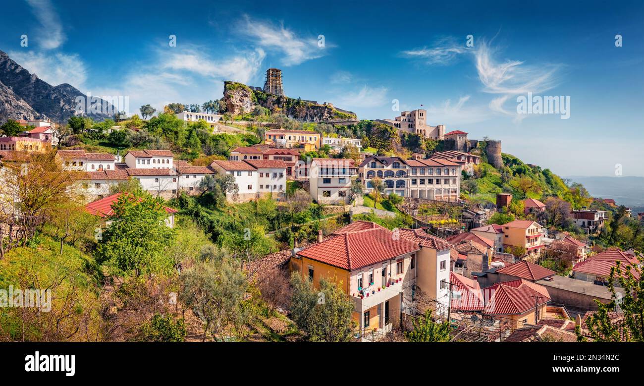 Picturesque spring view of Castle of Kruja. Colorful morning landscape ...