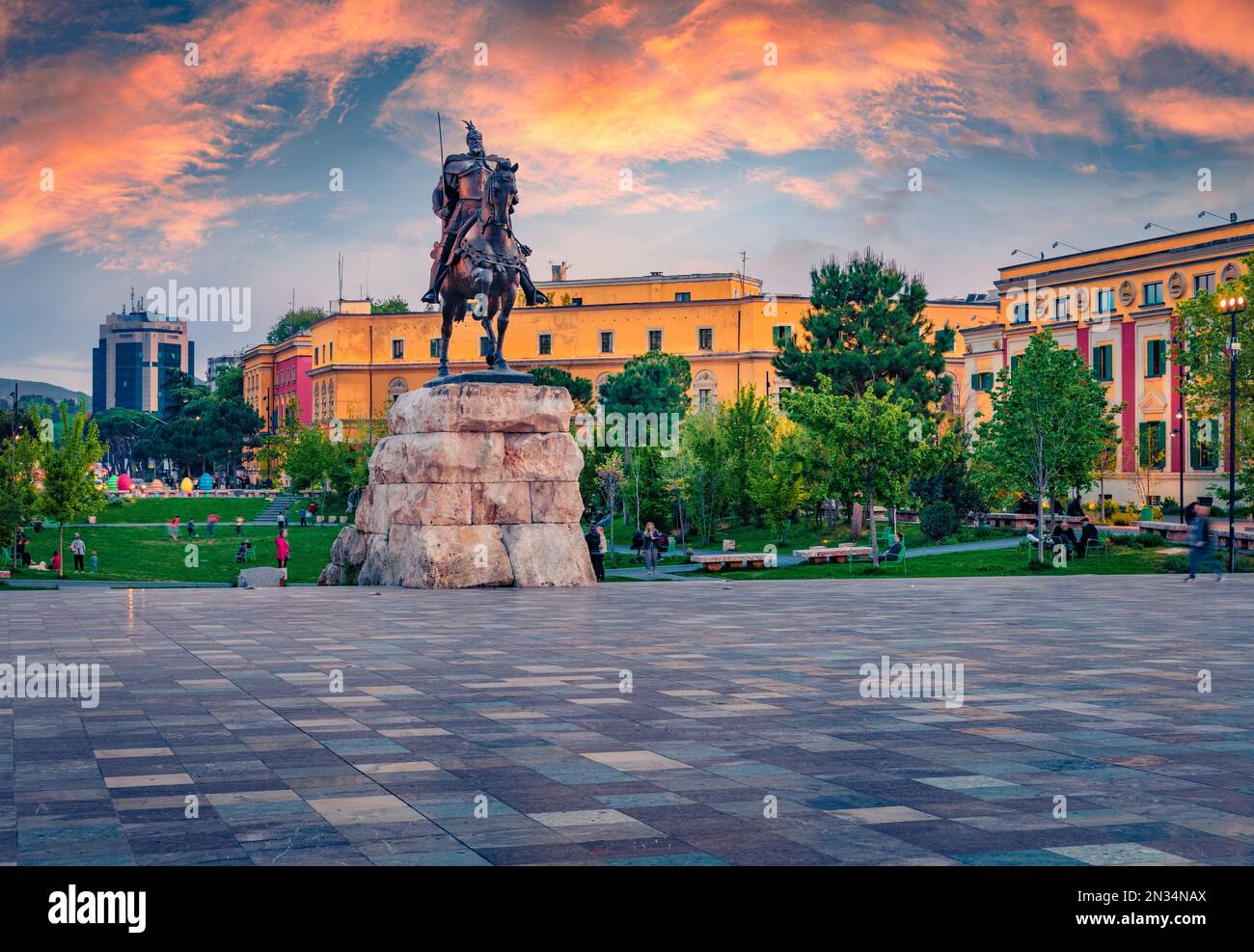 Splendid spring view of monument of Skanderbeg in Scanderbeg Square ...