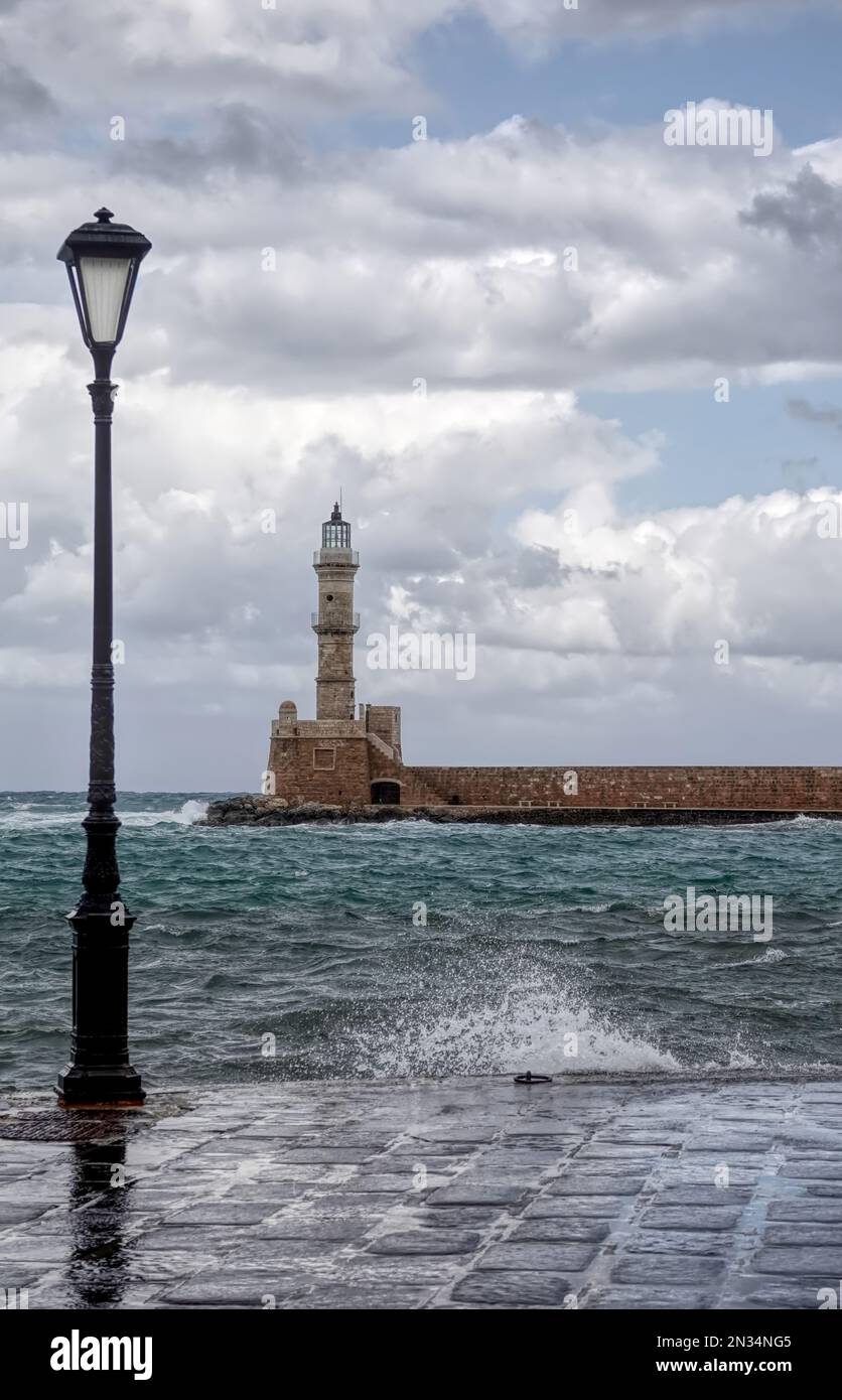 The Venetian harbour of Chania old town in Crete, Greece, after a heavy ...