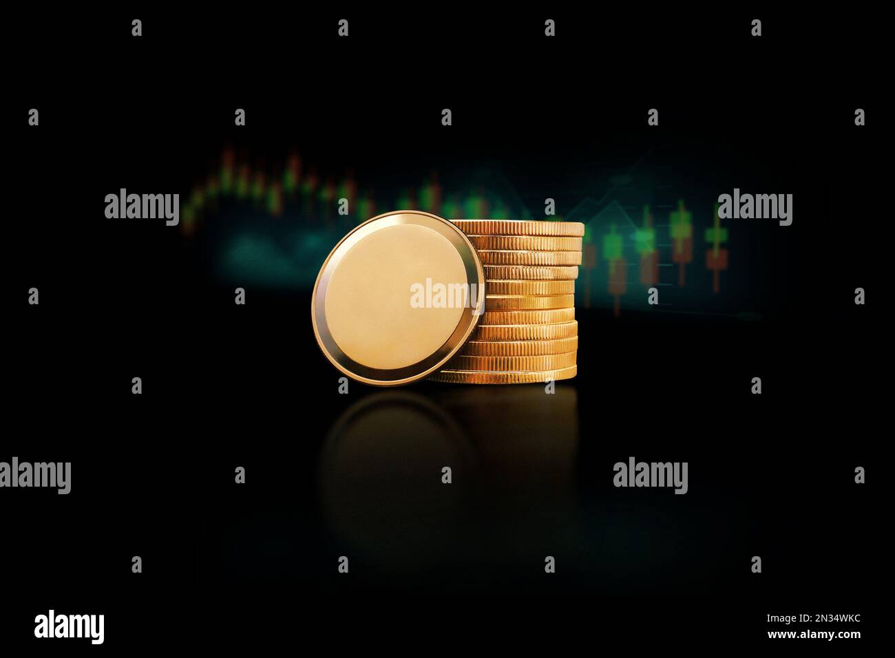 Golden coin stack with stock market graph on black background, Business and finance concept ...