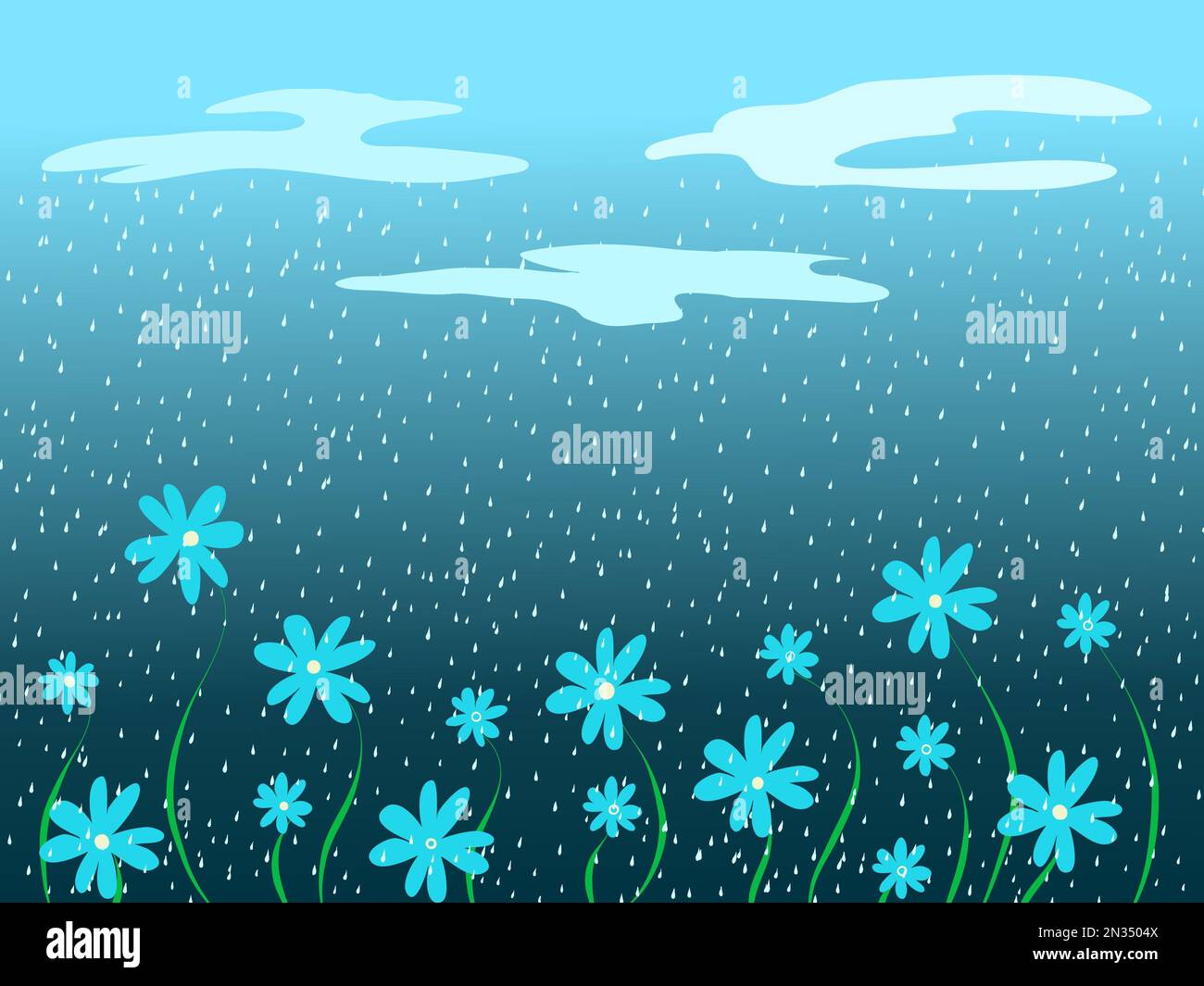 calm blue landscape full of flowers and drops that fall from the clouds ...