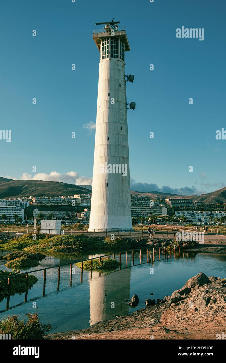 Morro Jable lighthouse, built of concrete in 1991 in the marshes of the ...