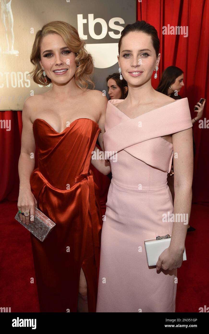 Sophia Bush, left, and Felicity Jones arrive at the 21st annual Screen ...
