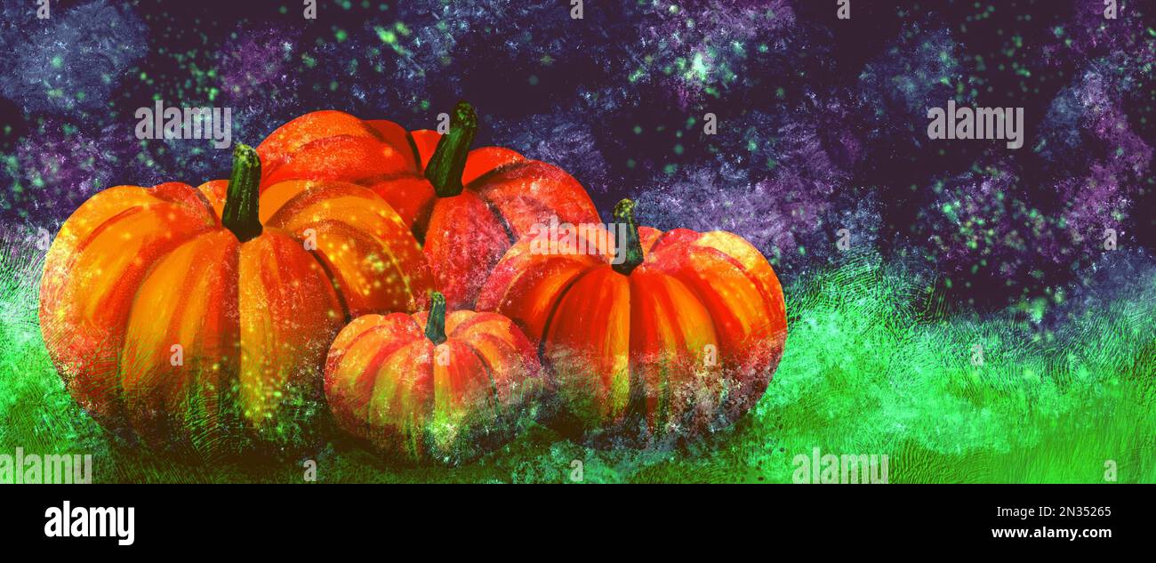 Mysterious halloween pumpkins on magic green neon grass in a dark ...