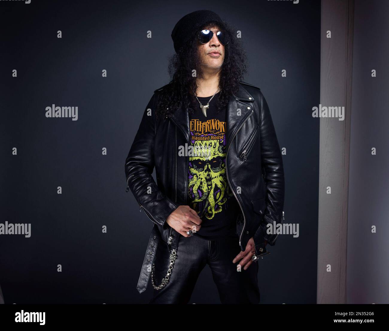 Slash poses for a portrait at the Eddie Bauer Adventure House during ...