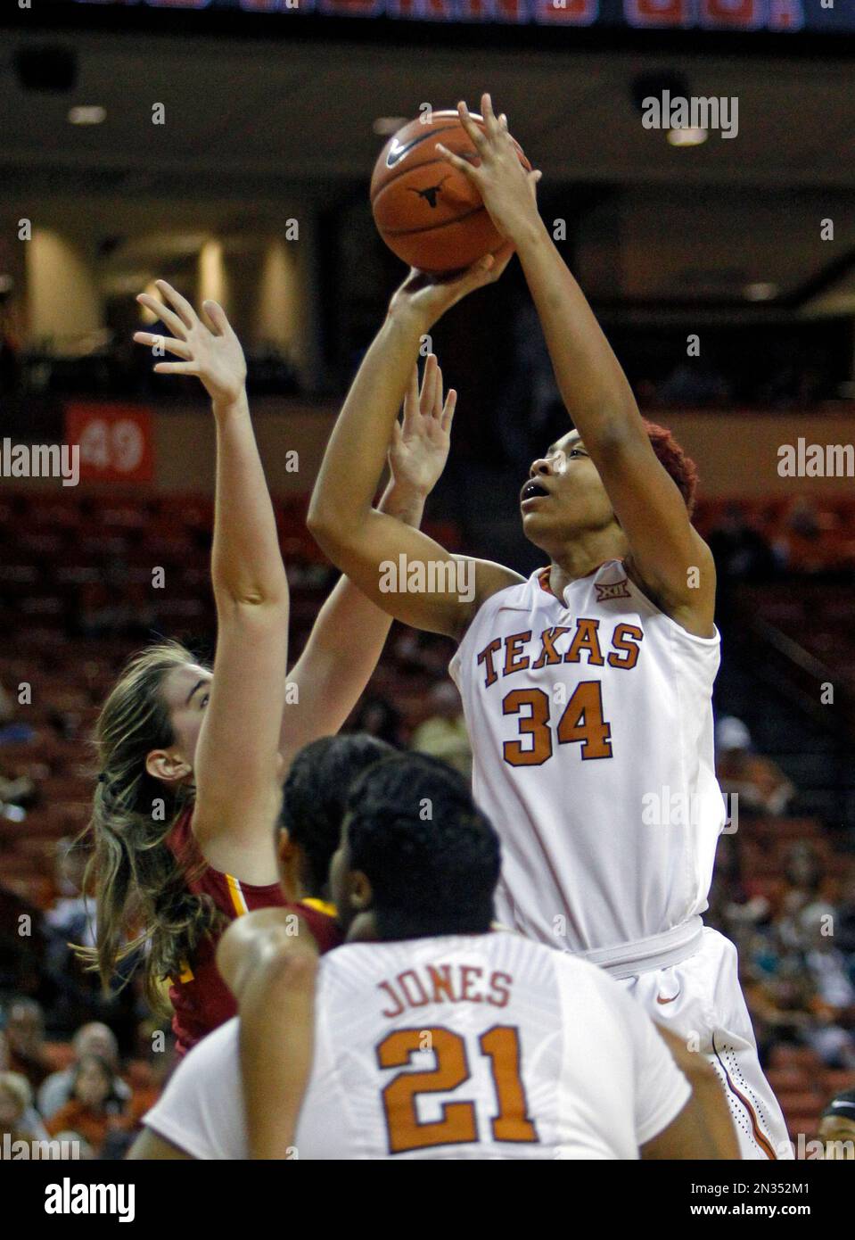 Texas center Imani McGee-Stafford (34) shoots over Iowa State center ...