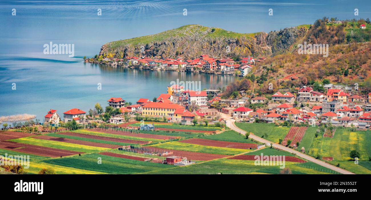 Panoramic spring cityscape of Lin town. Sunny morning scene of Ohrid ...