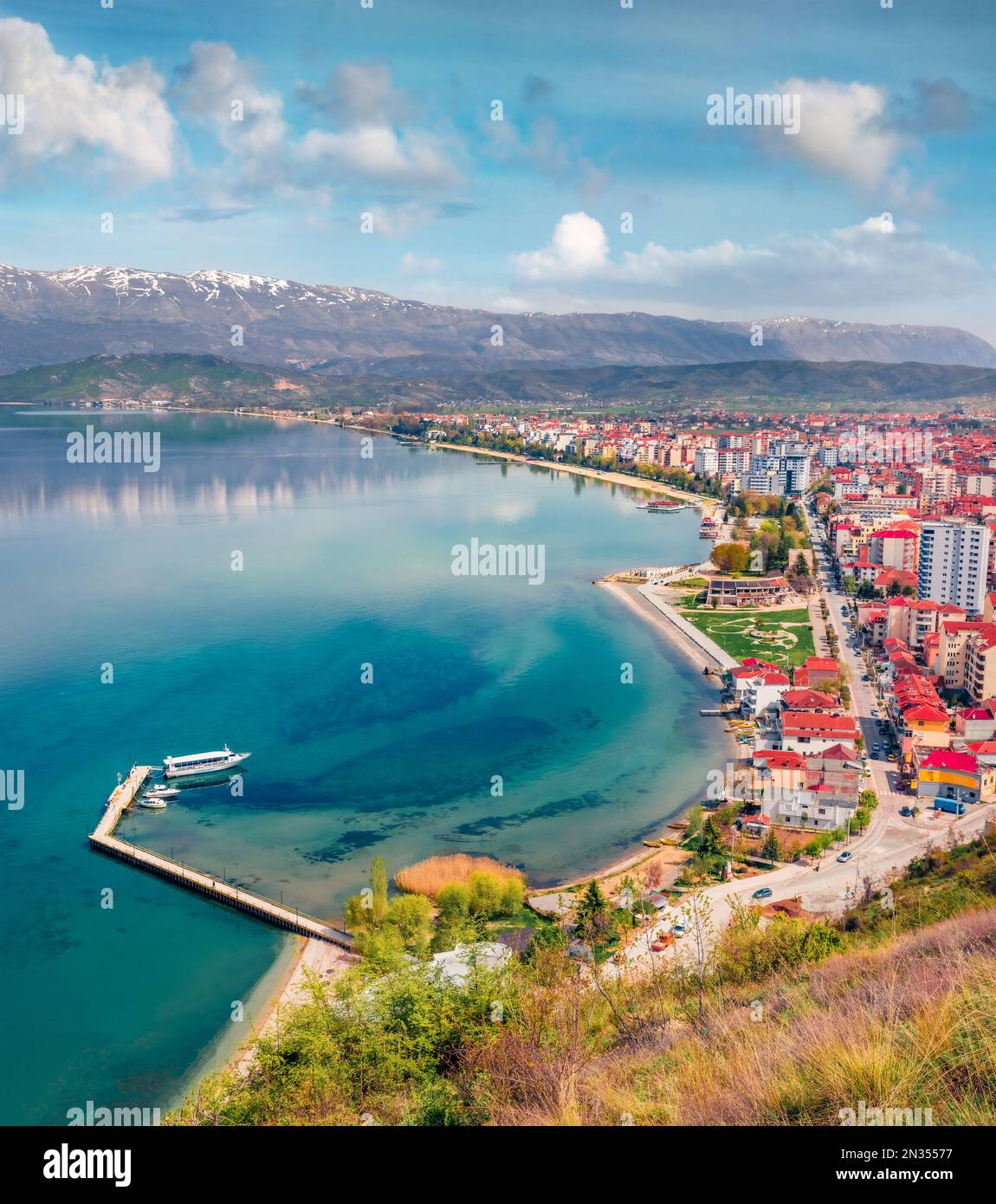 Aerial spring cityscape of Pogradec town. Colorful morning scene of ...
