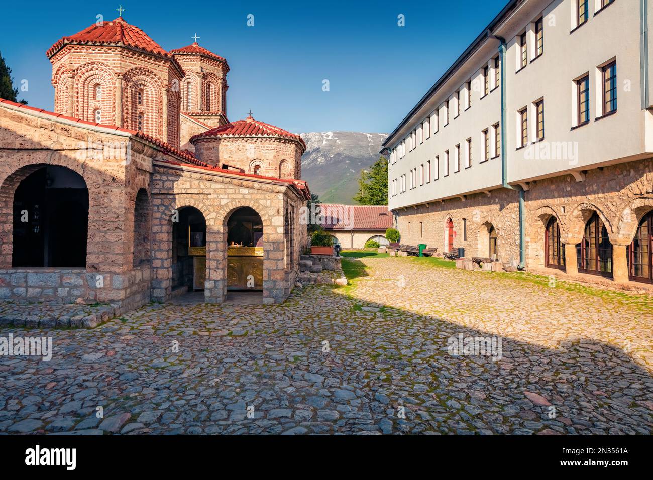 Wonderful spring view of Monastery of St. Naum. Majestic morning scene ...