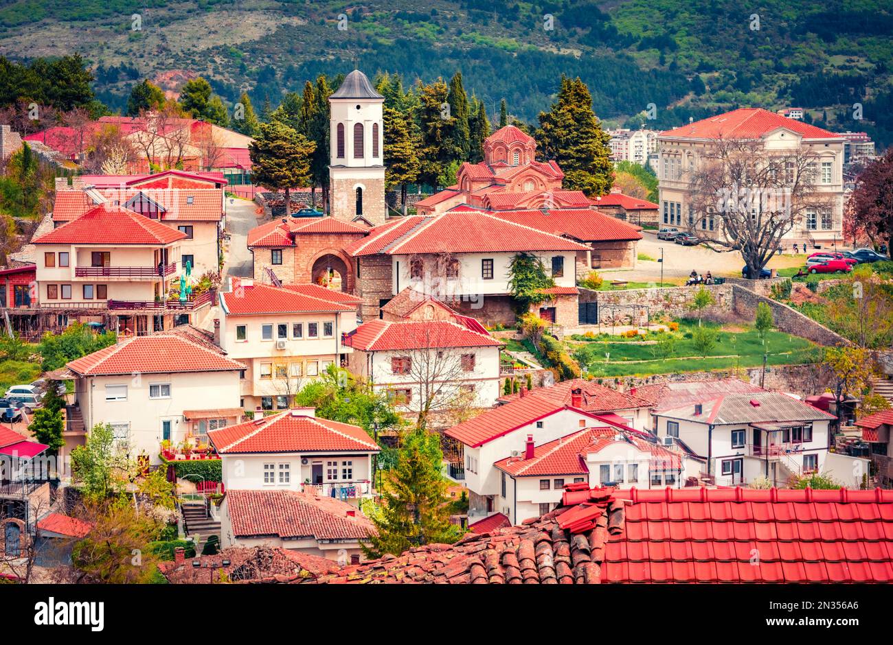 Charmin spring view of Ohrid town. Impressive morning scene of Ohrid ...