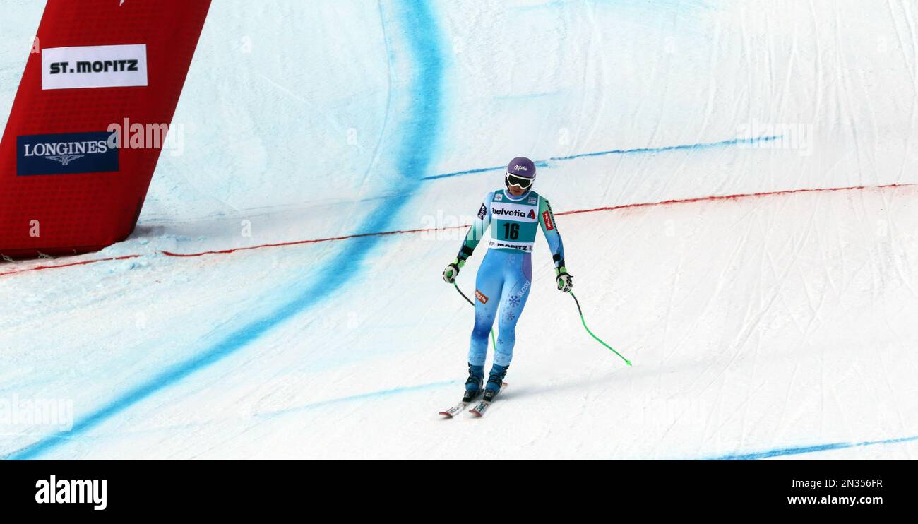 Tina Maze crosses the finish line to complete an alpine ski, women's ...