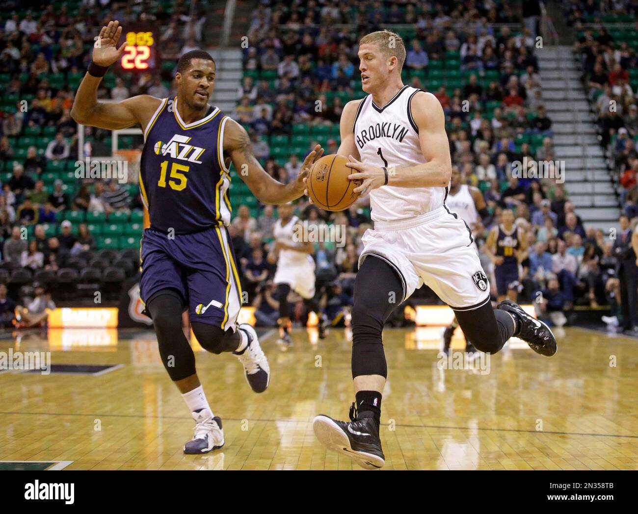 Brooklyn Nets center Mason Plumlee (1) drives to the basketball as Utah ...