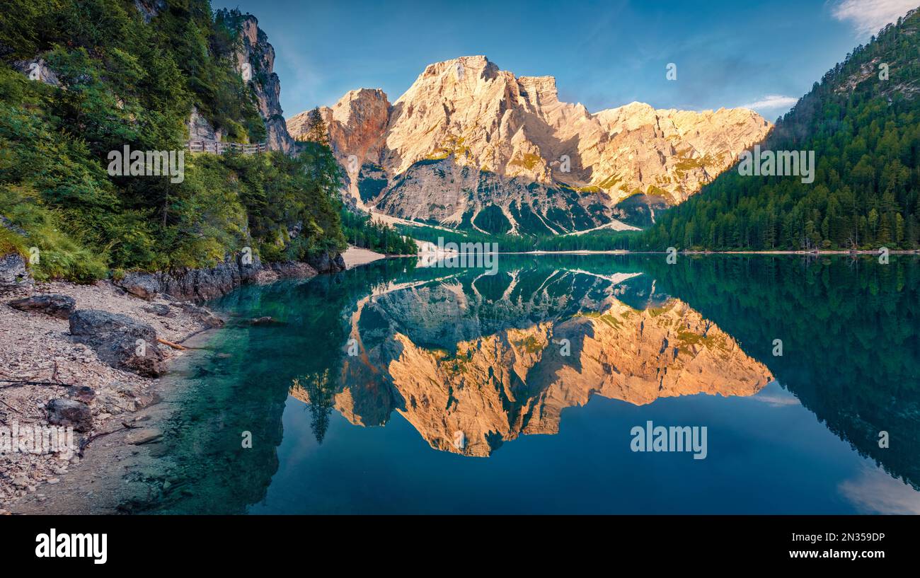 Calm morning view of Braies (Pragser Wildsee) lake. Exciting summer ...