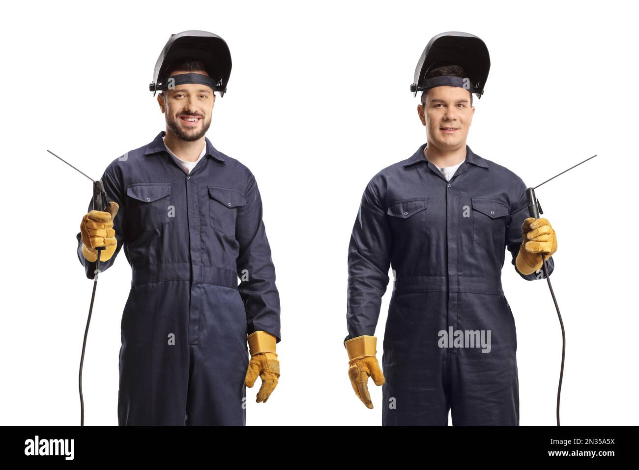 Welders with welding machines isolated on white background Stock Photo ...