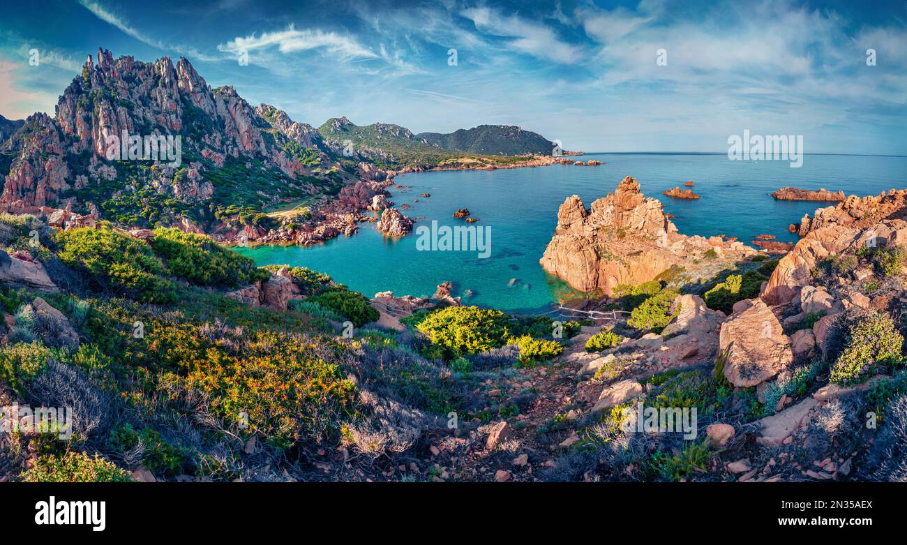 Gorgeous marine scenery. Dramatic morning view of Li Cossi beach ...
