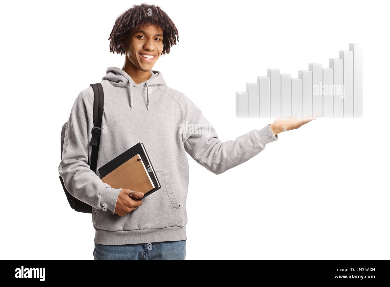 African american male student holding books and a bar chart isolated on ... African american male student holding books and a bar chart isolated on ...