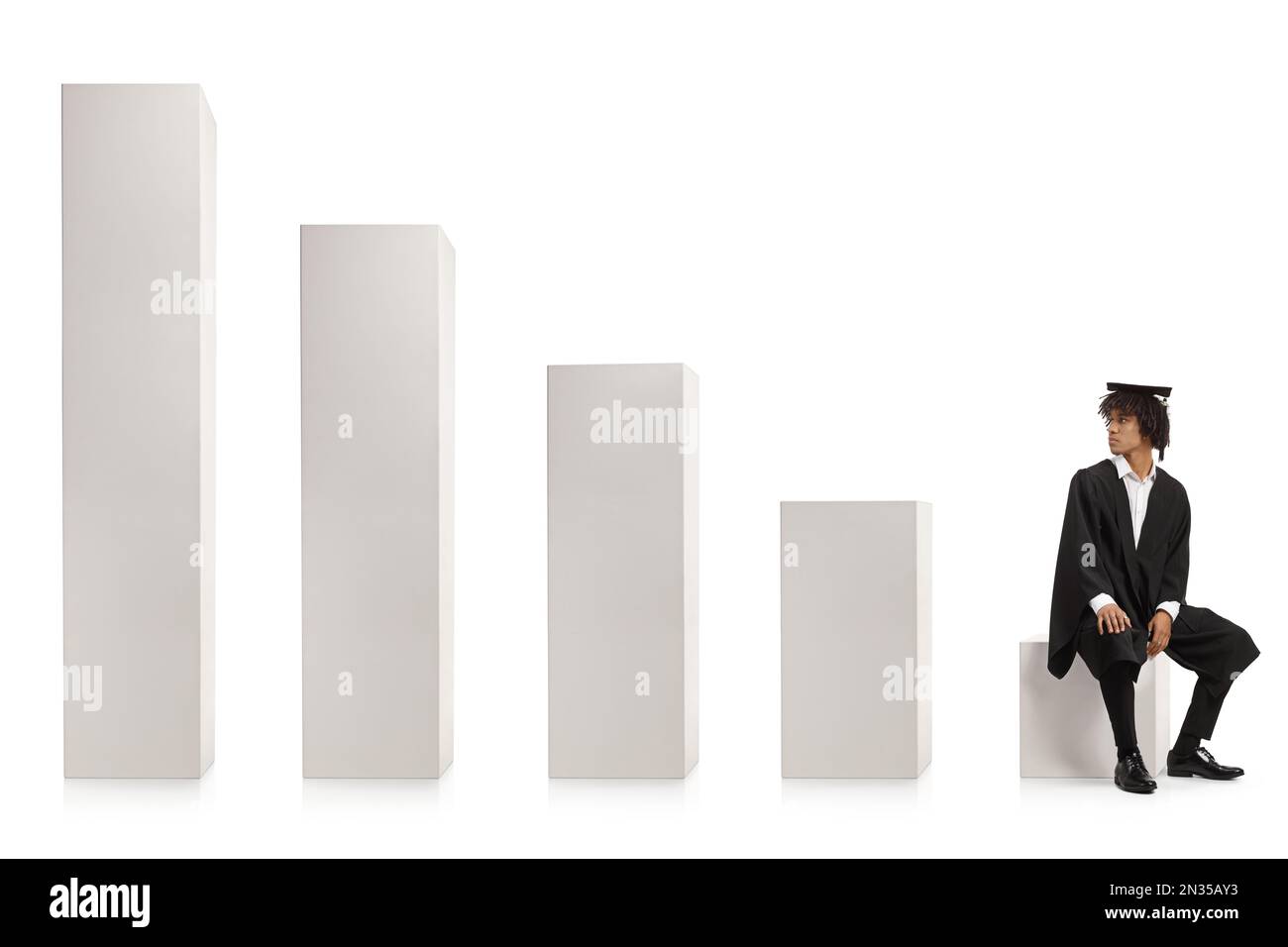 Male african american graduate student sitting on a bar chart and ...