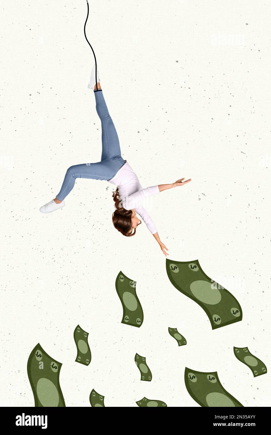 Vertical collage image of excited mini girl hang leg tied string arm ...