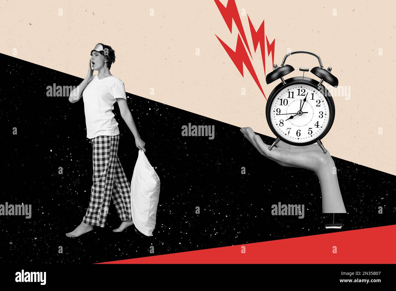 Creative collage picture of black white effect girl walking yawn big ...